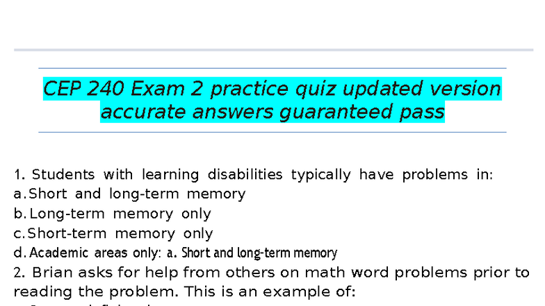 CEP 240 Exam 2 Practice Quiz: Updated with Accurate Answers - Studocu