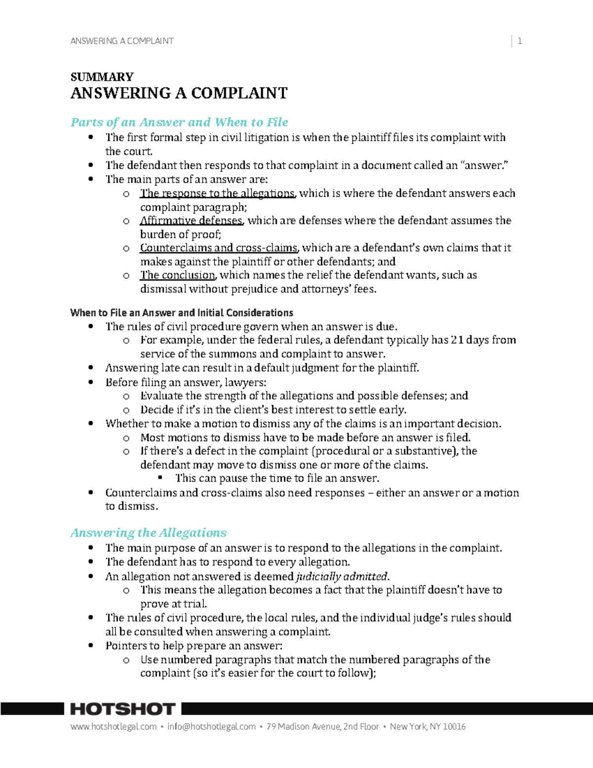 Civil Litigation: Answering a Complaint Overview and Guidelines - Studocu