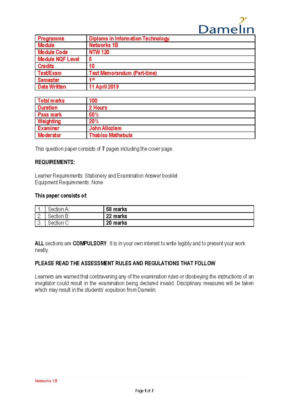 Networks 1B Test Memorandum - Semester 1 (NTW 120) - Studocu