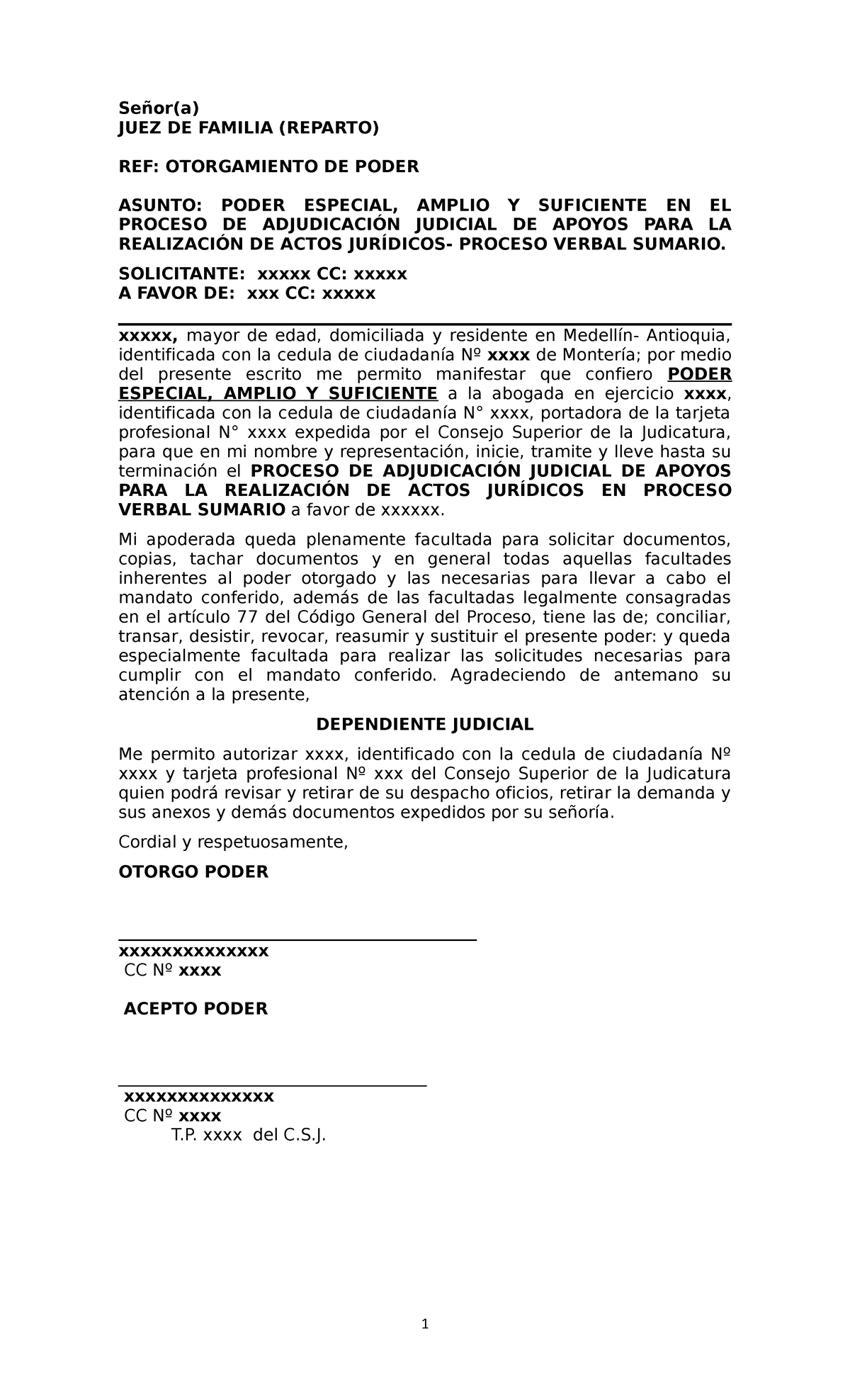 Poder Especial en Proceso de Adjudicación Judicial - Verbal Sumario ...