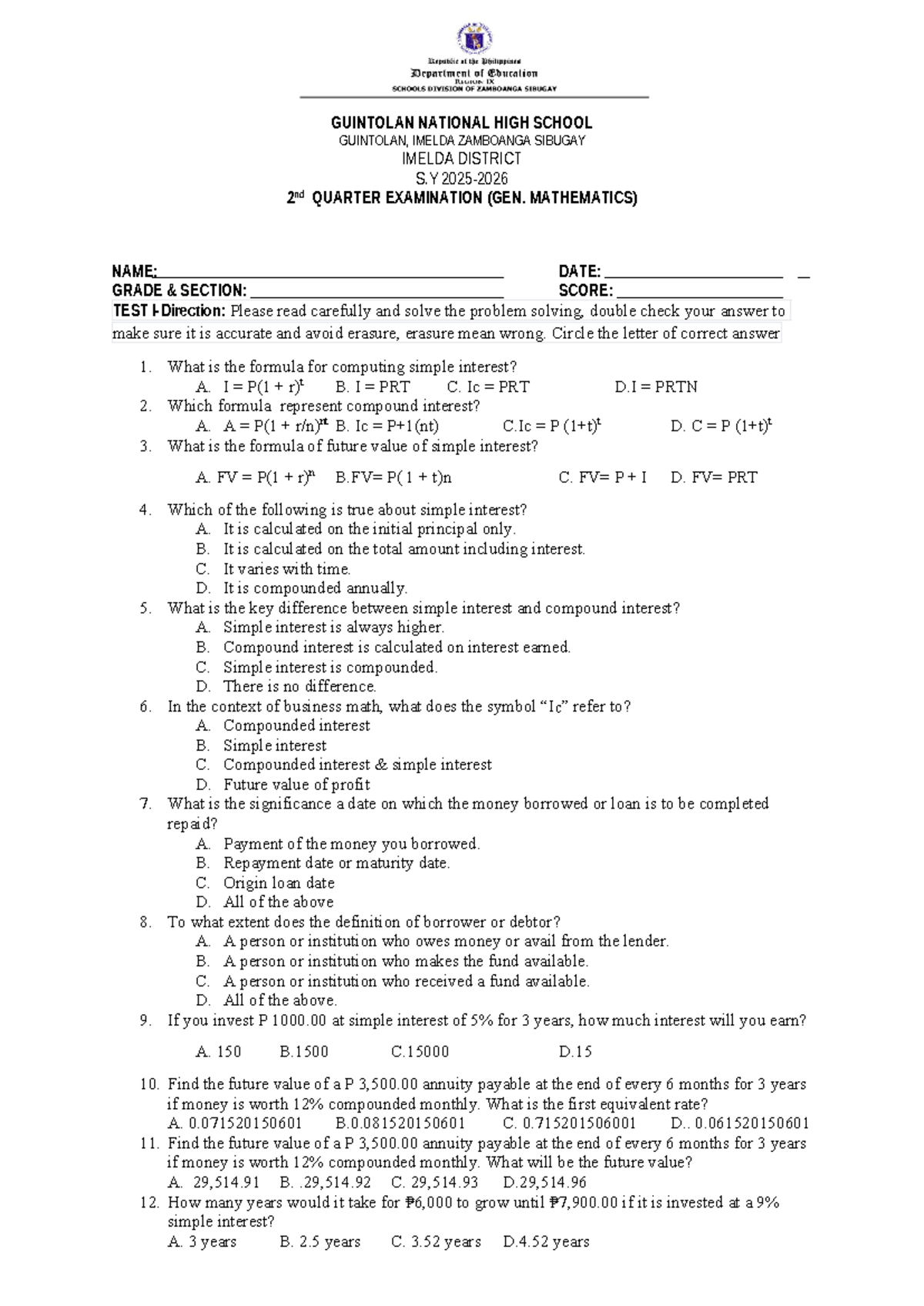 2ND Quarter Exam - General Mathematics (GUINTOLAN) - Studocu