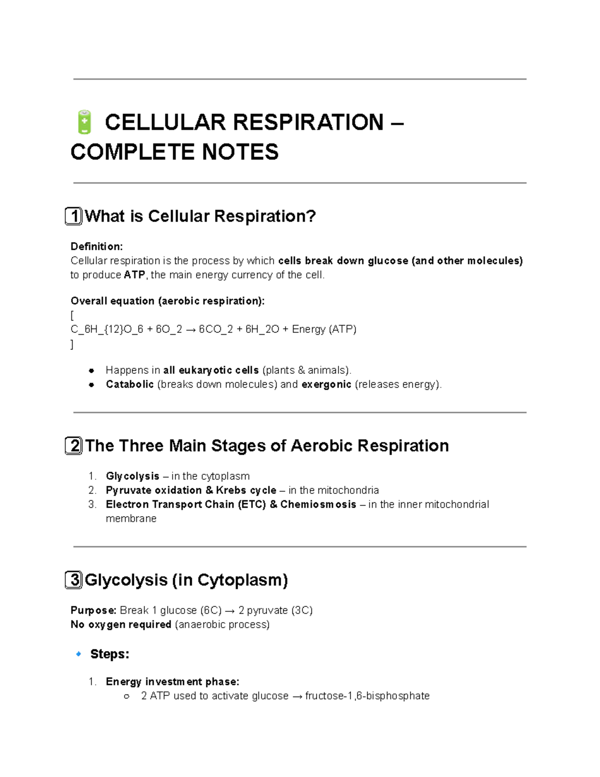 CELLULAR RESPIRATION COMPLETE STUDY NOTES (BIO 101) - Studocu