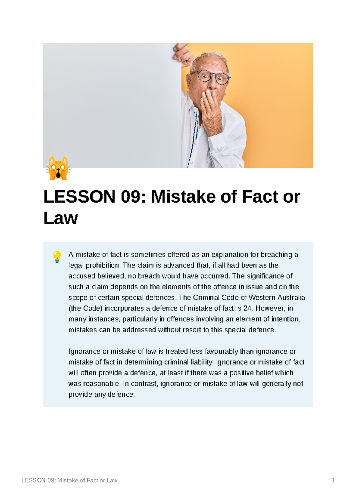Lesson 09: Understanding Mistake of Fact and Law in Criminal Code - Studocu