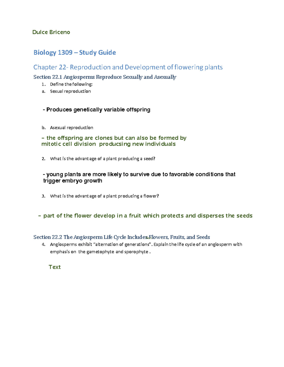 Biology 1309 – Study Guide: Chapter 22 on Plant Reproduction - Studocu