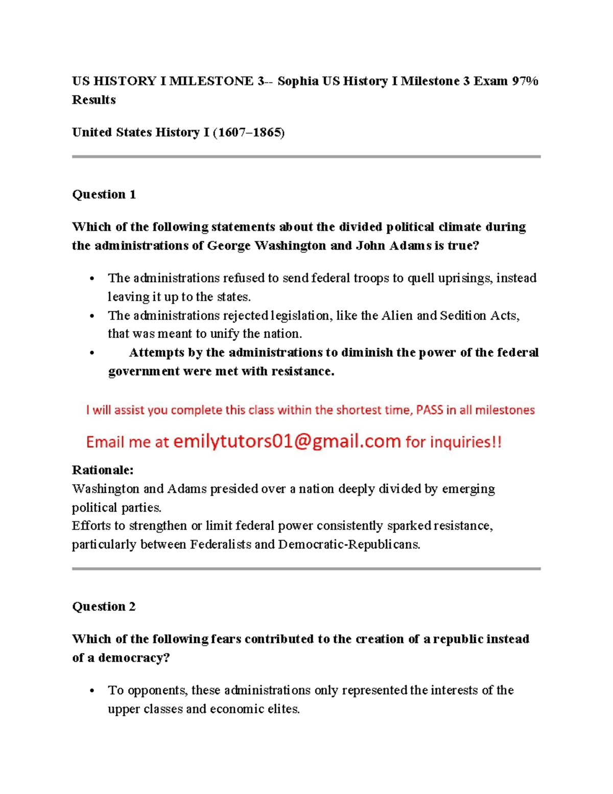 US History I Milestone 3 Exam Results - 97% Score Analysis - Studocu
