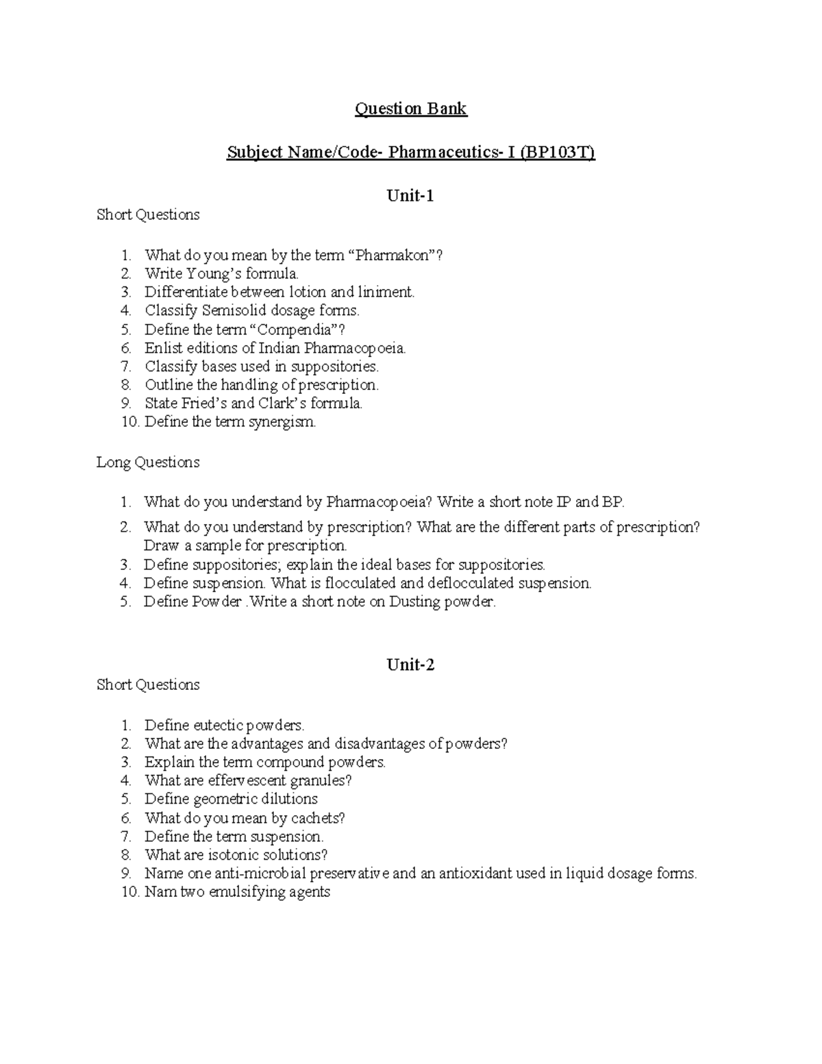 QB BP103T - Comprehensive Question Bank for Pharmaceutics-I Analysis ...