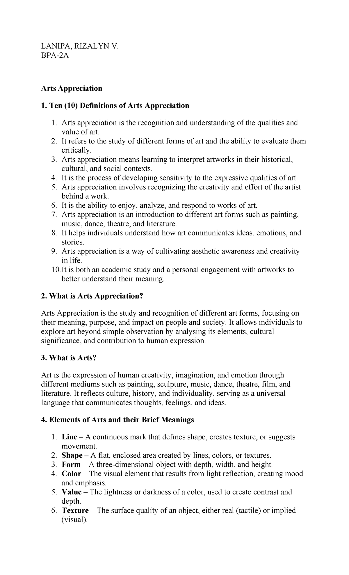 Arts Appreciation 1: Key Definitions and Elements of Art - Studocu