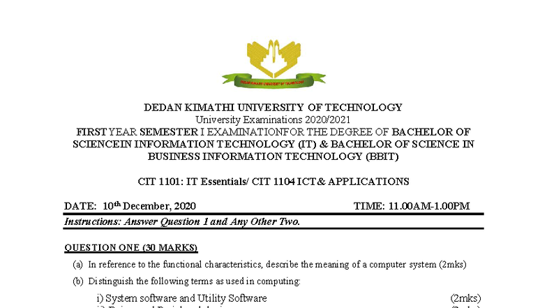 CIT 1101: IT Final Exam Question Paper - December 2020 - Studocu