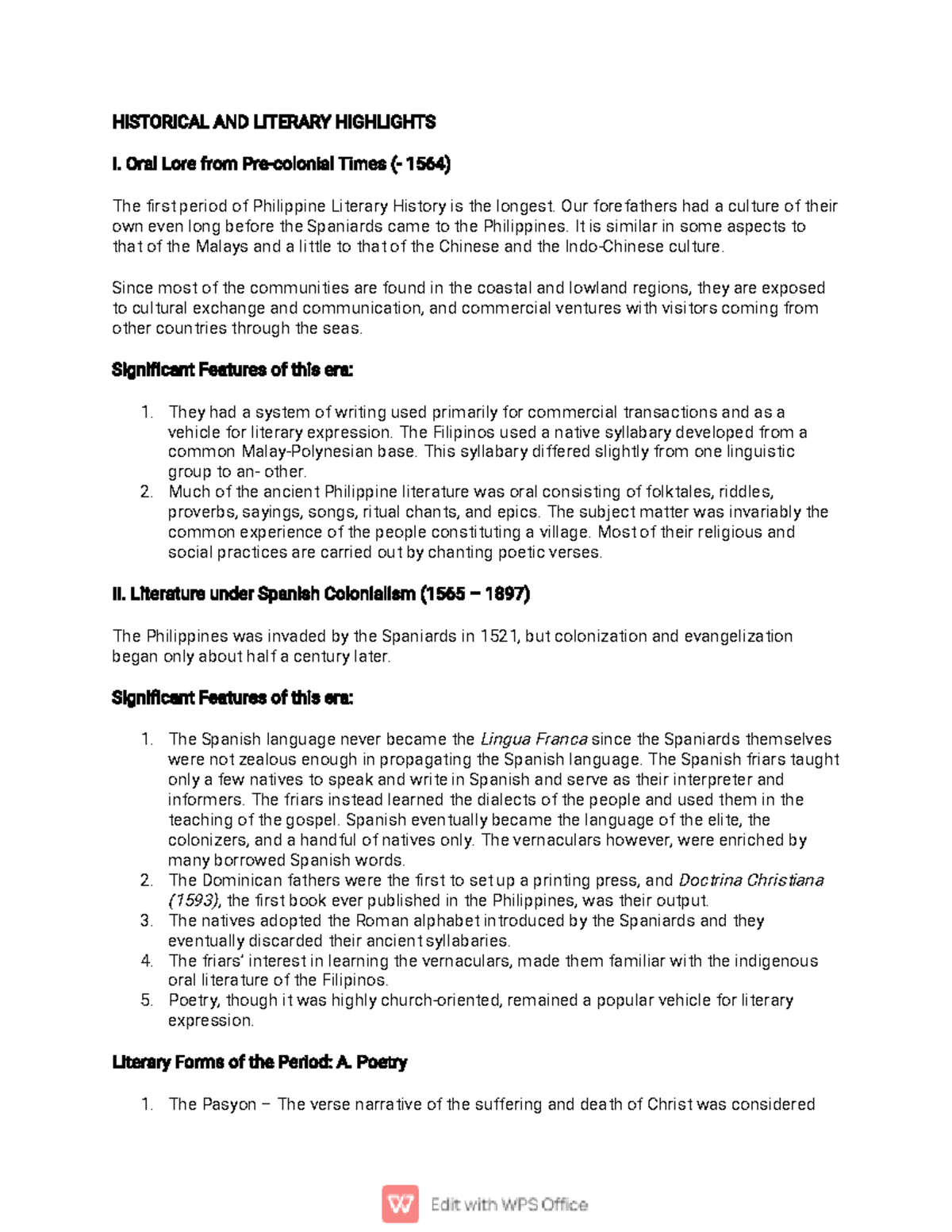Phil. literature Lecture - HISTORICAL AND LITERARY HIGHLIGHTS I. Oral ...