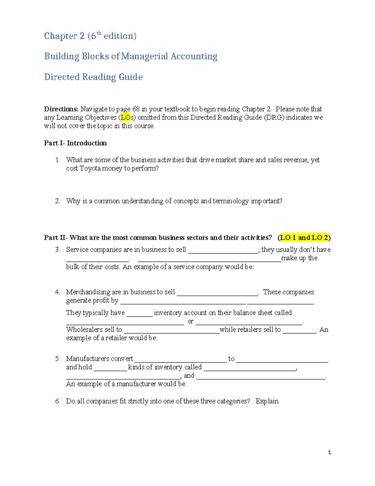 6e Ch 2 Directed Reading Guide: Key Concepts in Managerial Accounting ...