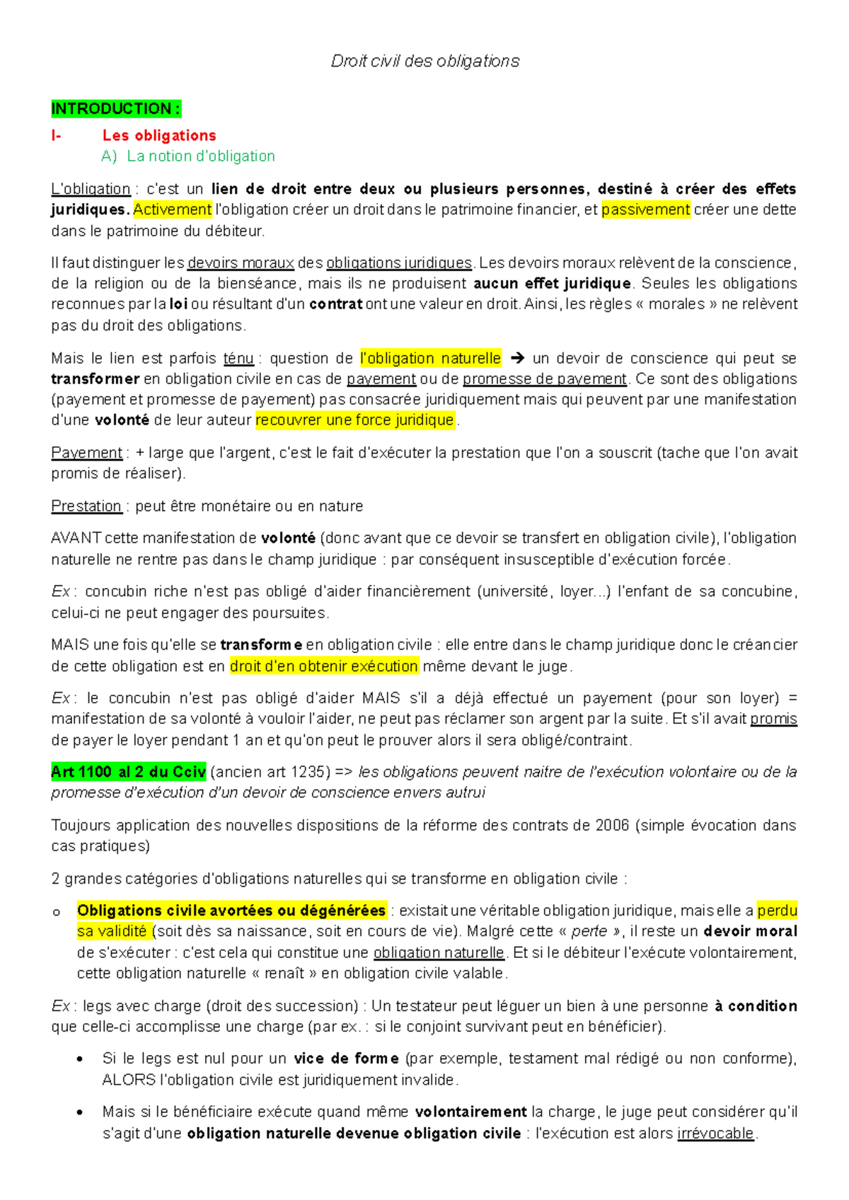 CM - Cours de Droit Civil des Obligations : Introduction et Concepts ...