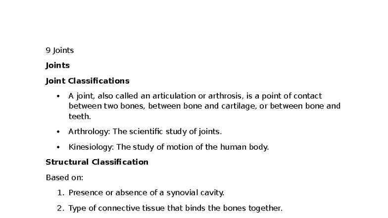 9 Joints: Classifications and Functions in Arthrology - Studocu