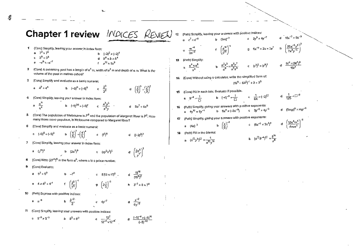 Chapter 1 Review: Indices Simplification & Evaluation (Core/Path) - Studocu