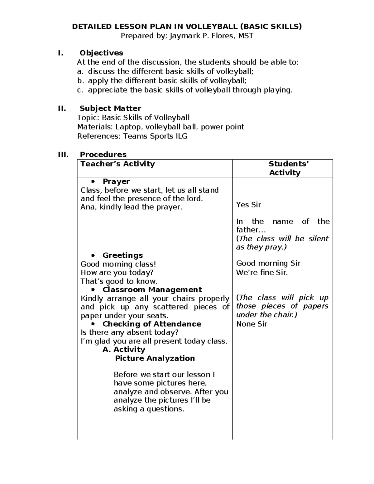 Detailed Lesson Plan in Volleyball (Basic Skills) - MST - Studocu