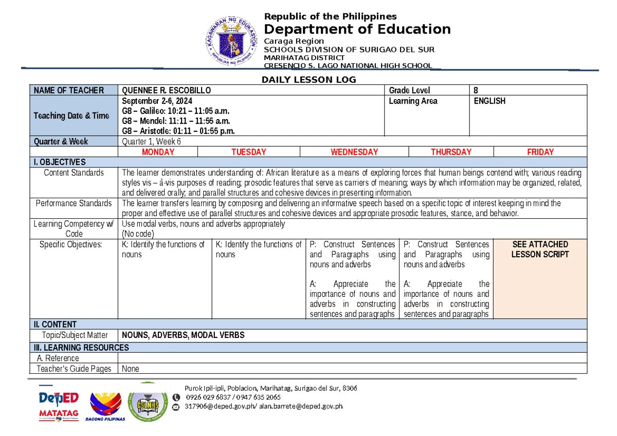 Daily Lesson Log for Grade 8 English - Quarter 1, Week 8 - Studocu