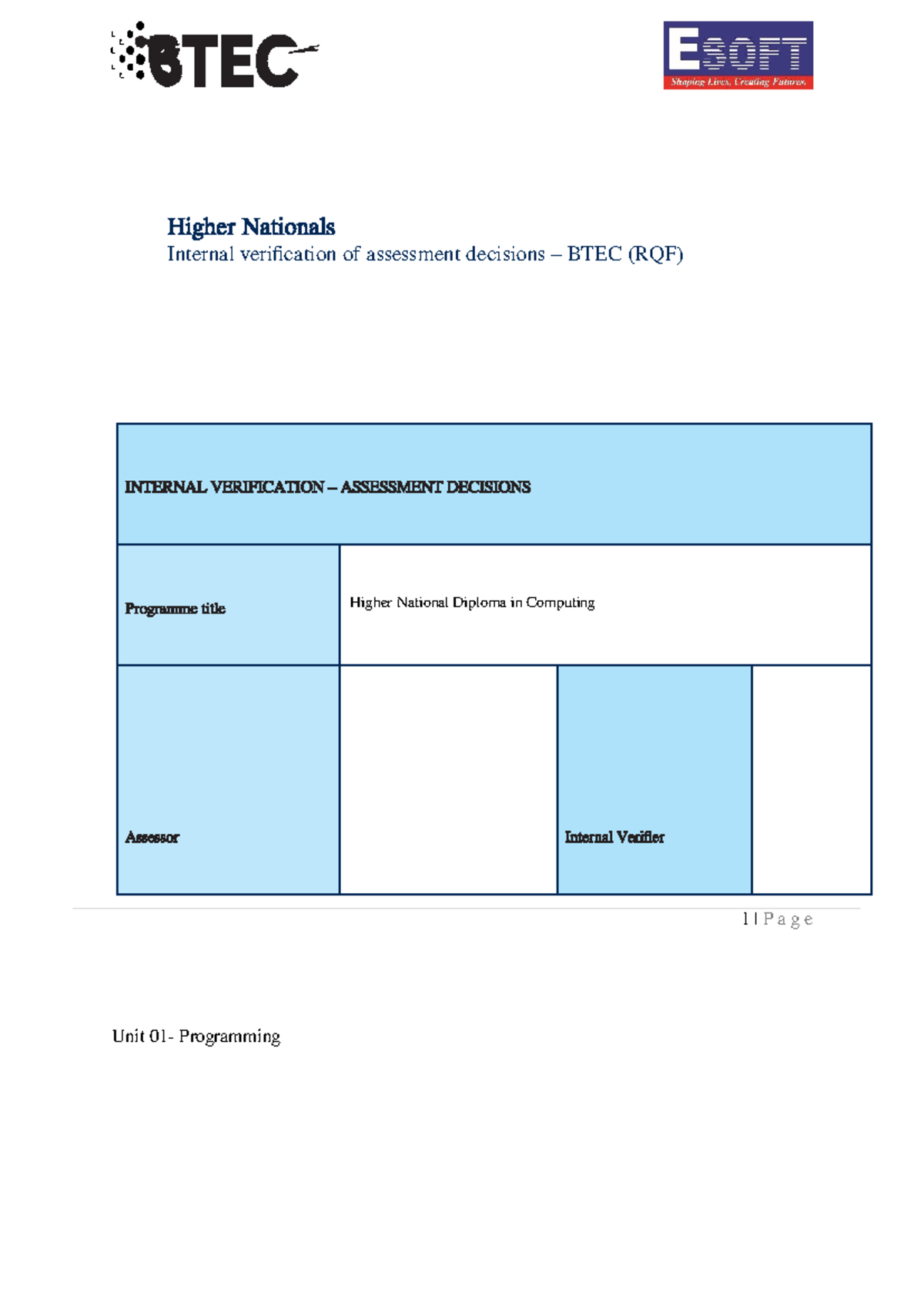 Unit 01 - Programming Assignment Final - Higher Nationals Internal verification of assessment ...