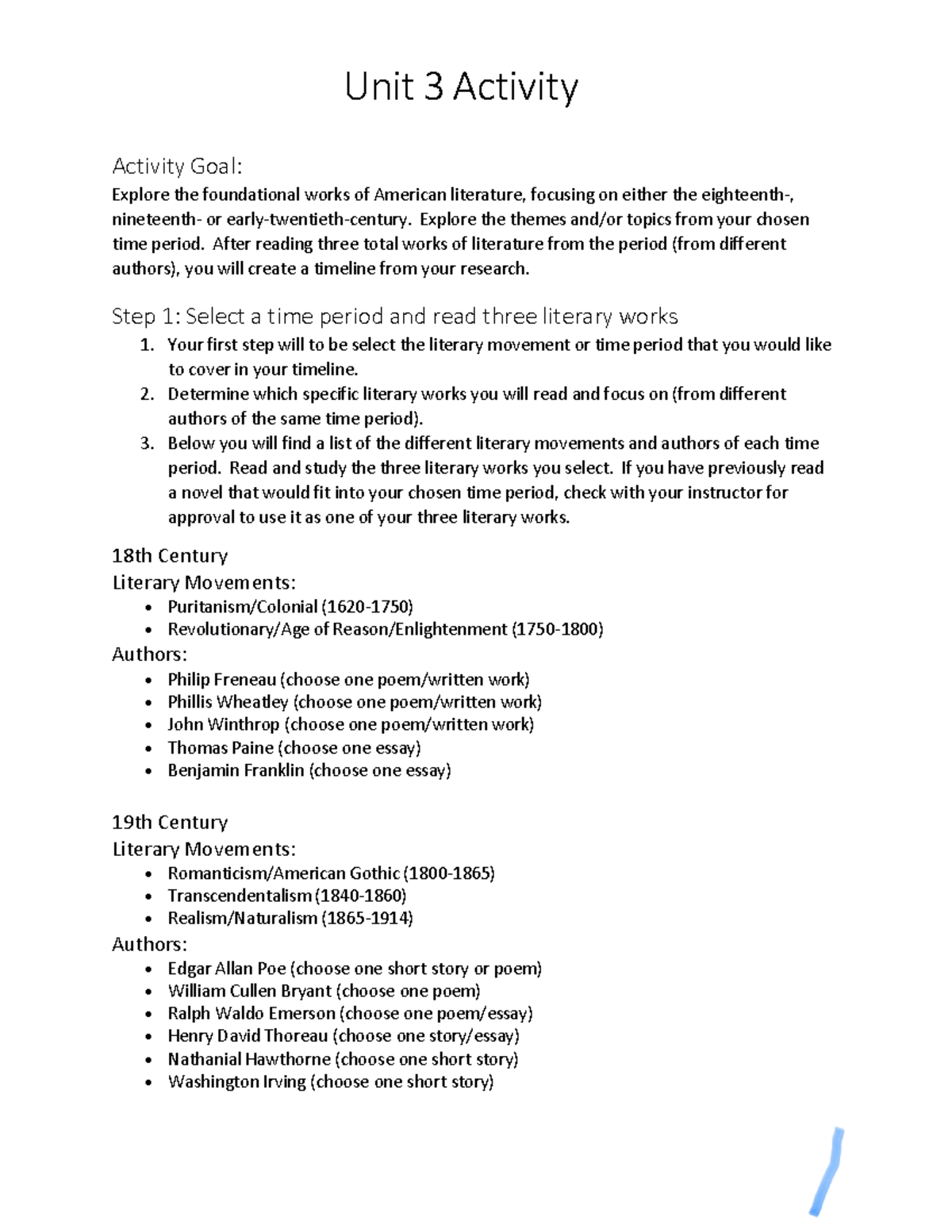 Unit 3 Activity: Exploring American Literature Timelines - Studocu