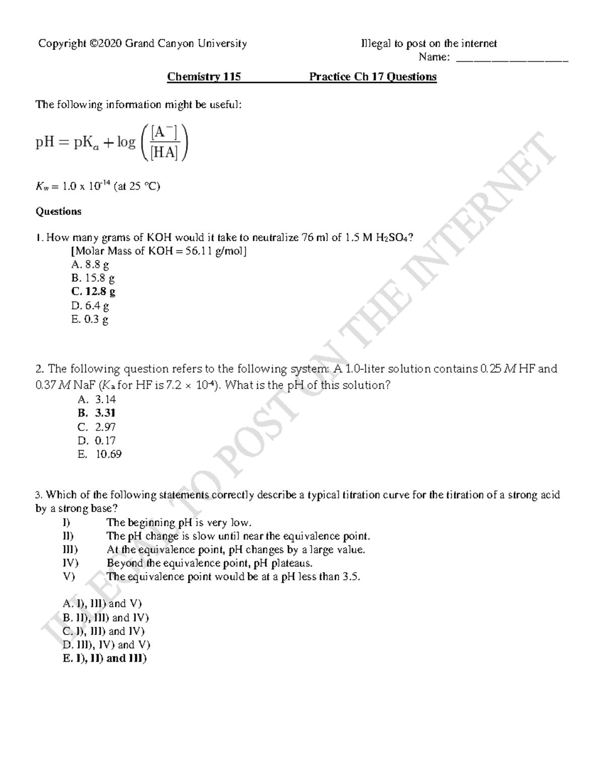 Ch 17 Practice Questions FA2023 KEY - Name: ___________________ Chemistry 115 Practice Ch 17 ...