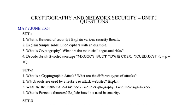 CRYPTOGRAPHY AND NETWORK SECURITY UNIT I Q&A MAY JUNE 2024 - Studocu