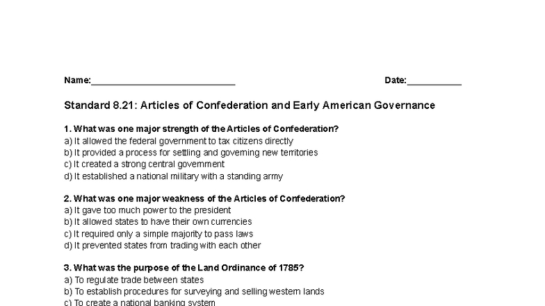 Unit 3 Study Guide: Articles of Confederation to Early U.S. Governance ...
