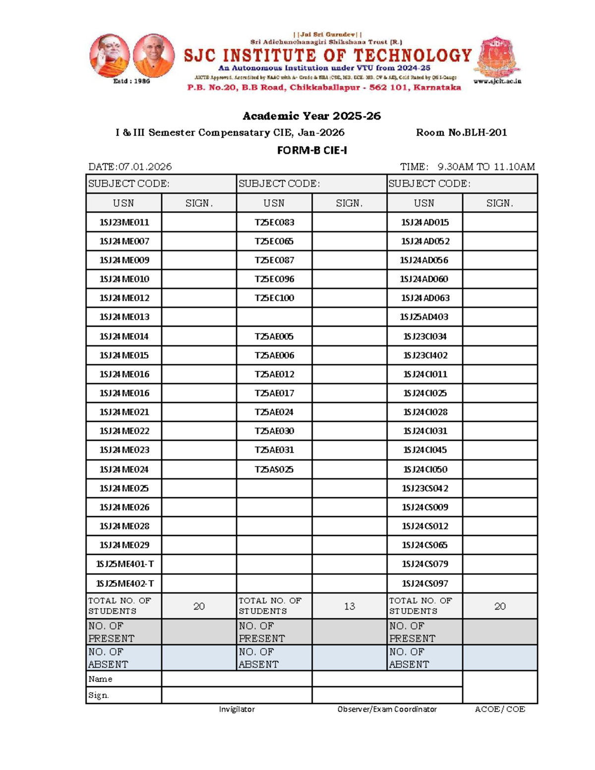 I & III Sem Compensatory CIE Room Allotment - 07.01.2026 - Studocu