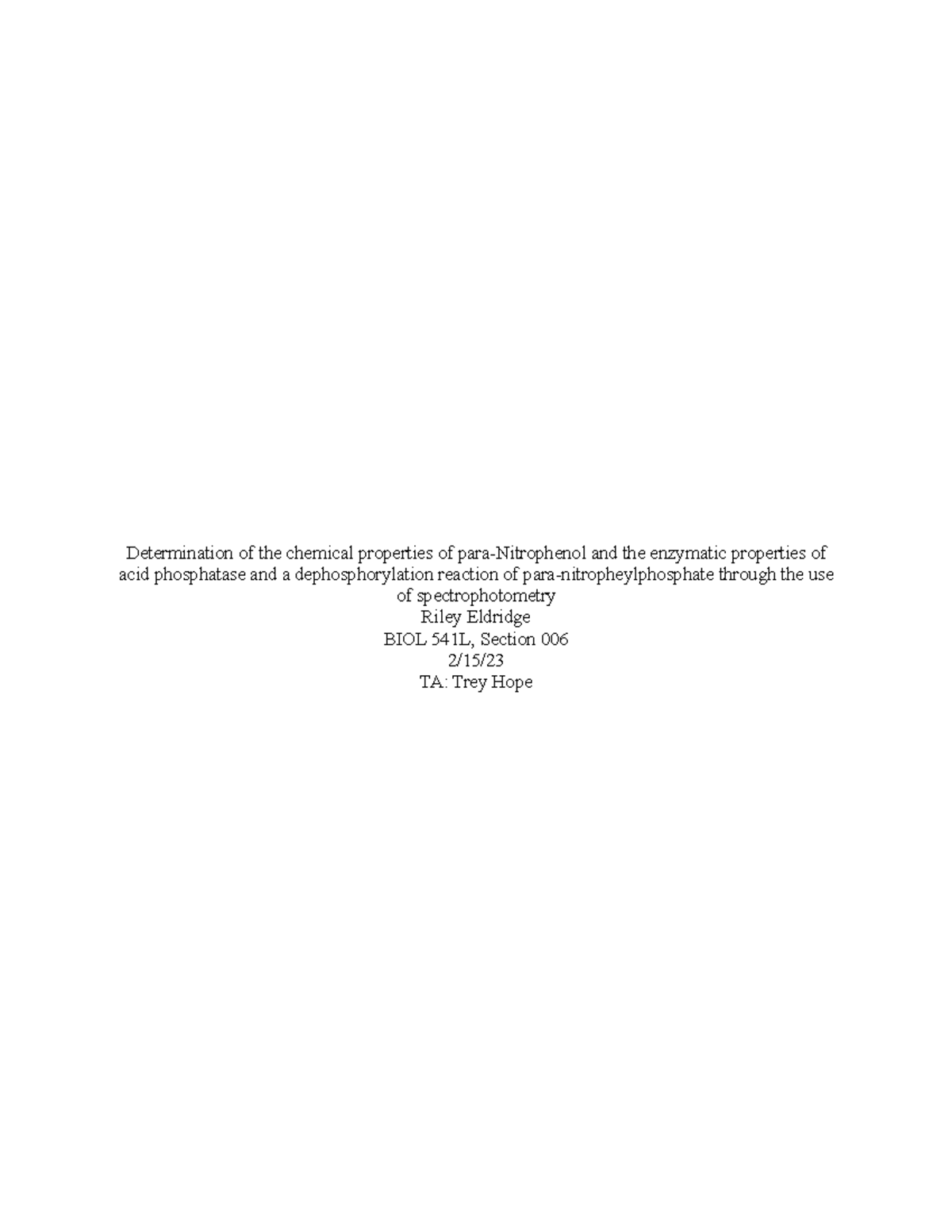 BIOL 541L: Lab Report on Para-Nitrophenol and Acid Phosphatase ...