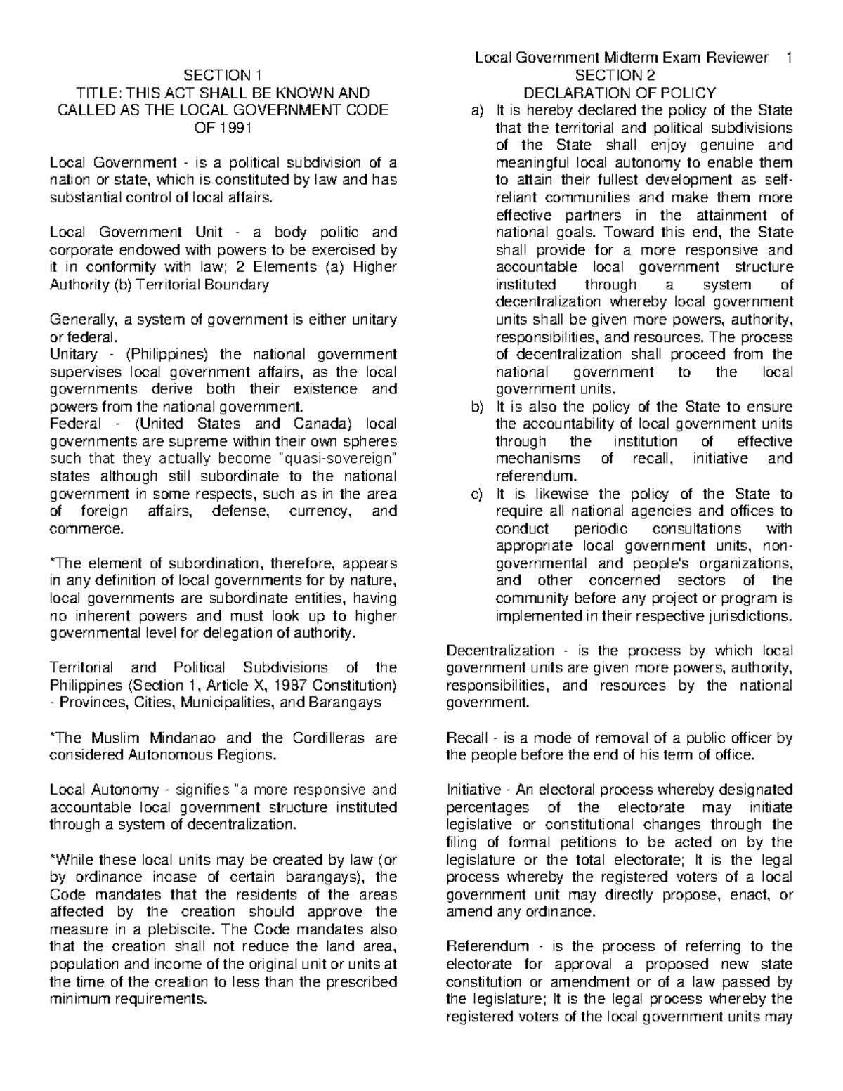 Local Government Code of 1991: Midterm Exam Reviewer (LG 101) - Studocu