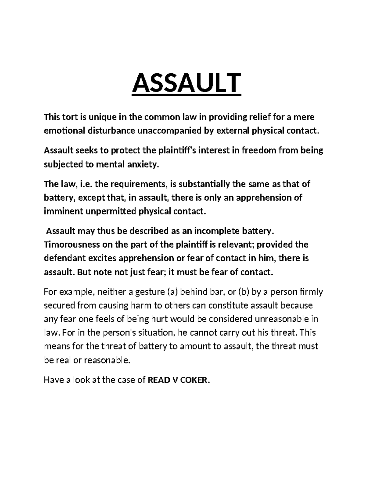 Assault: Legal Principles, Key Cases, and Relevant Authorities - Studocu