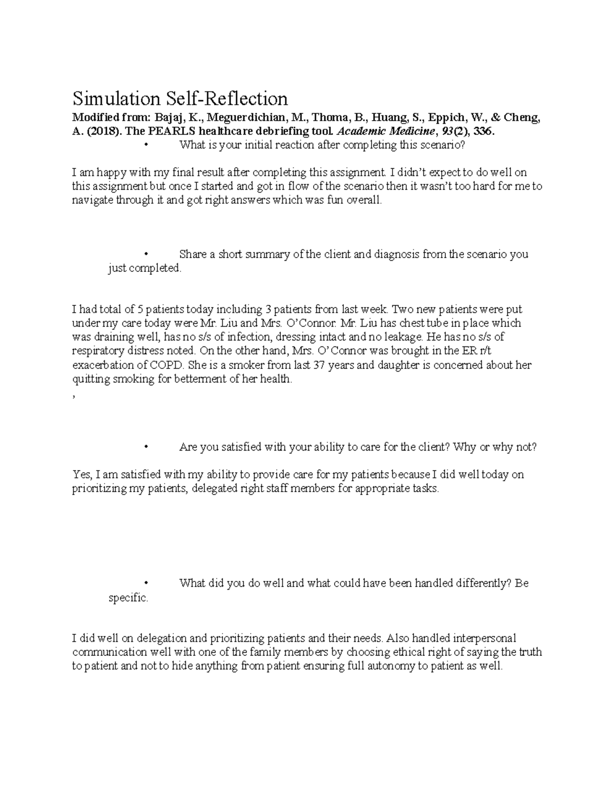 Simulation Self-Reflection: Week 6 Insights & Patient Care Analysis - Studocu