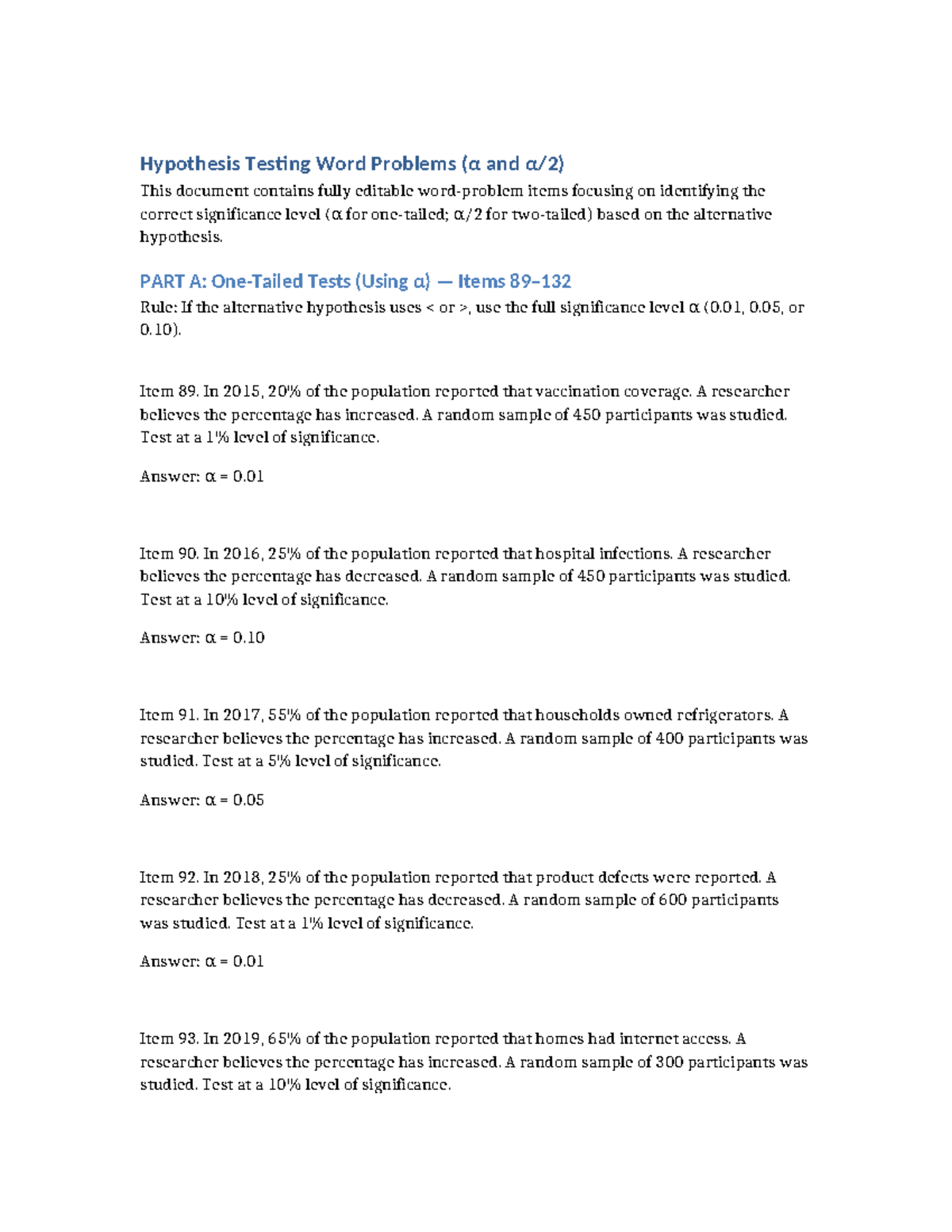 Hypothesis Testing Problems (HT 3): Significance Levels & Solutions ...