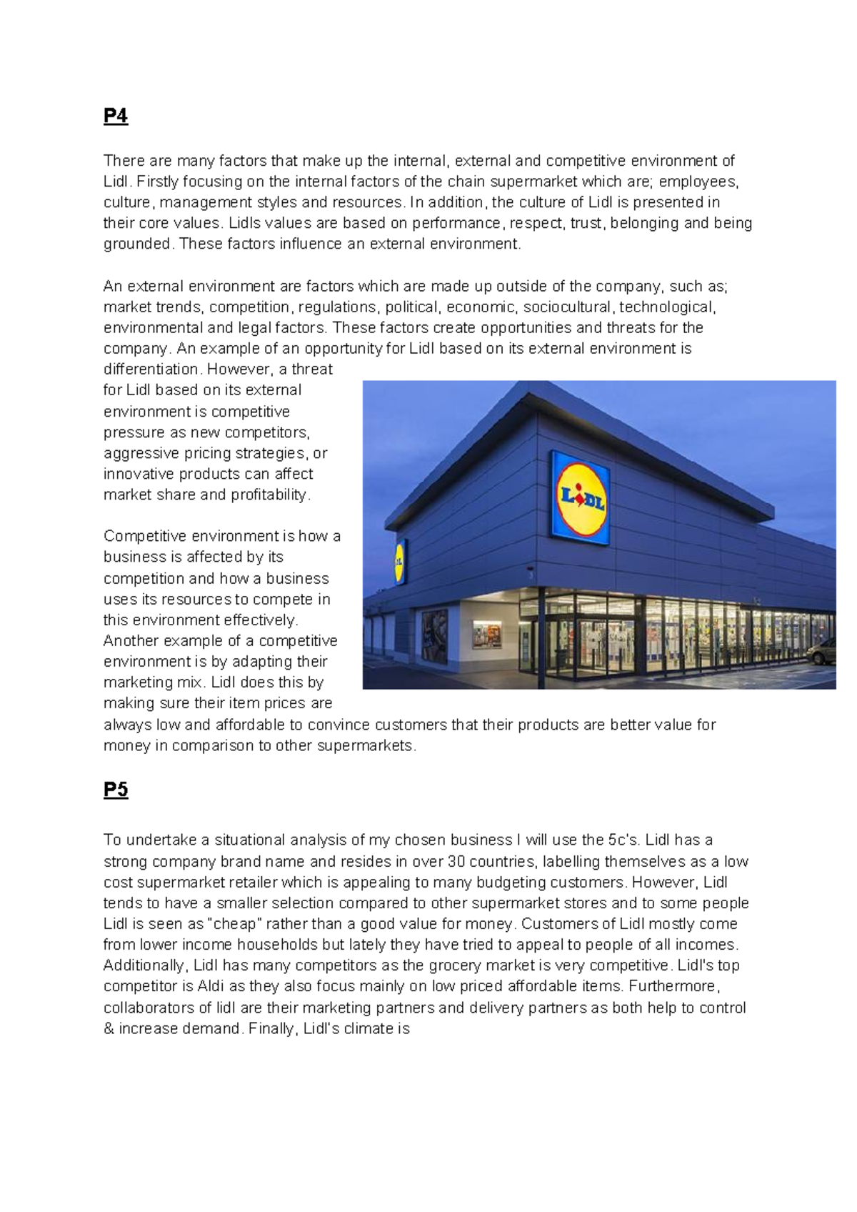 Unit 1 Exploring Business: Lidl's Internal and External Analysis - Studocu
