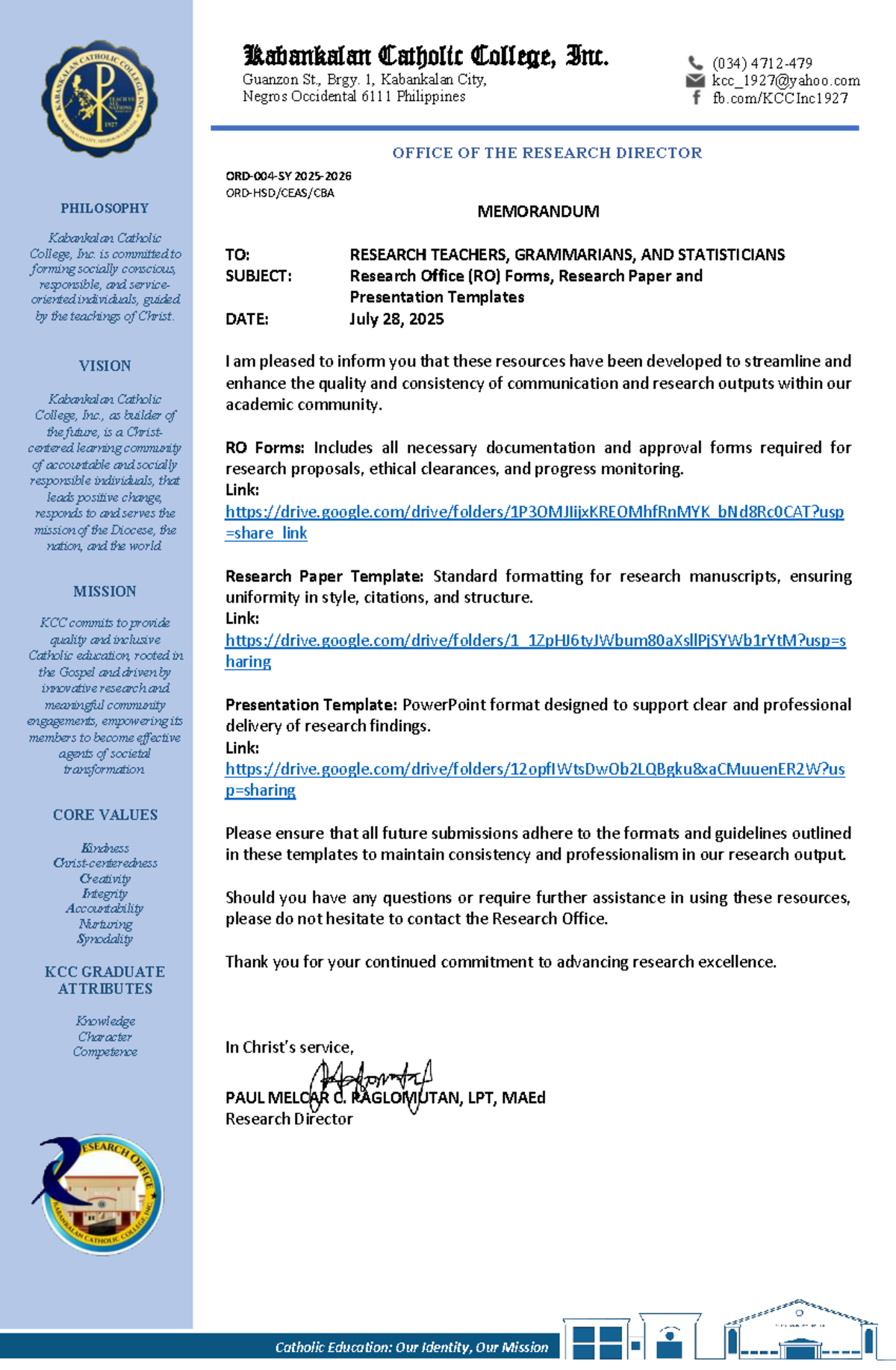 KCC Research Office Memorandum: Guidelines & Activities for A.Y. 2025 ...