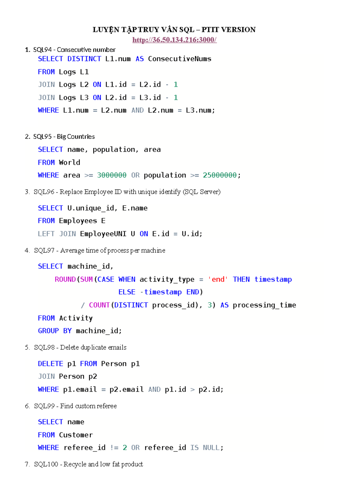 LUYỆN TẬP TRUY VẤN SQL PTIT - Học Lại SQL Các Câu Lệnh Thực Hành - Studocu