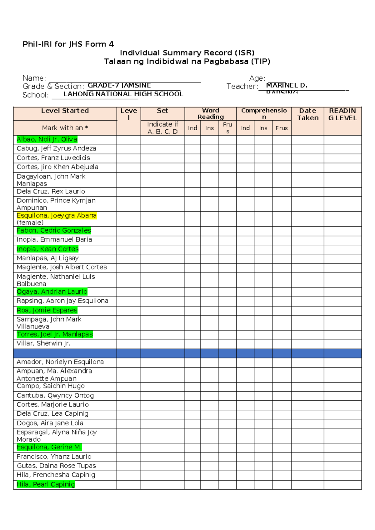 Phil IRI for JHS Form 4 Individual Summary Record (ISR) - Studocu
