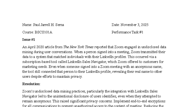 Serna Performance Task 1 - Name: Paul Jarrell H. Serna Date: November 3 ...