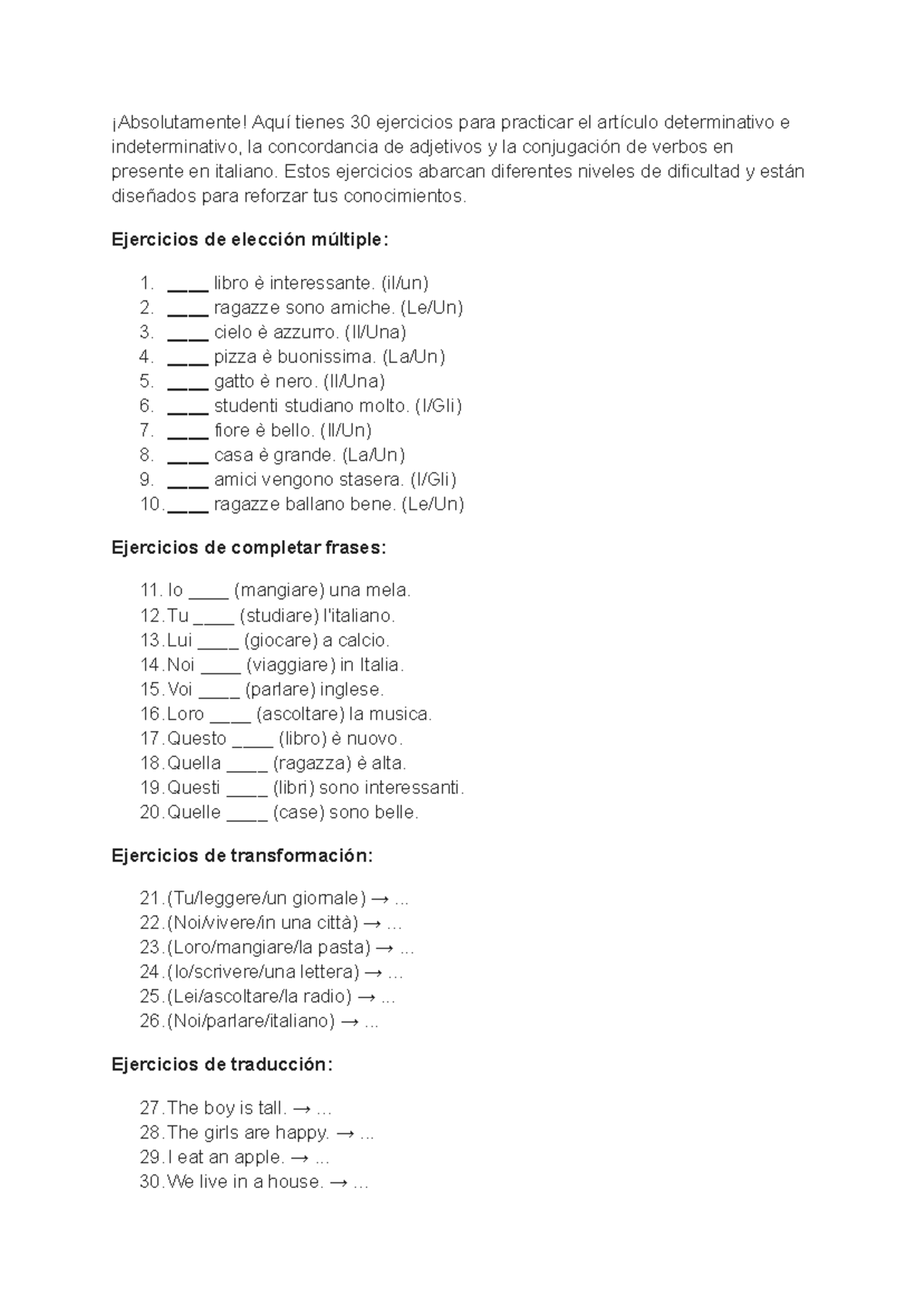 Ejercicios de artículos y conjugaciones en italiano - Repaso general ...