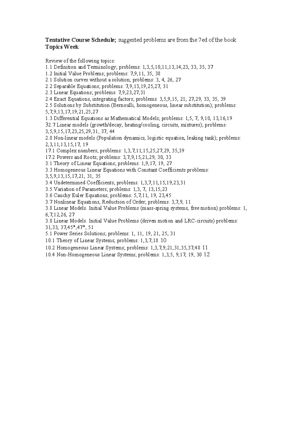 Tentative Course Schedule for Differential Equations (MATH 101) - Studocu