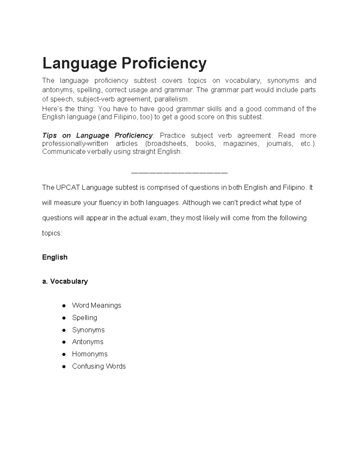 UPCAT Language Proficiency Coverage and Study Strategies - Studocu