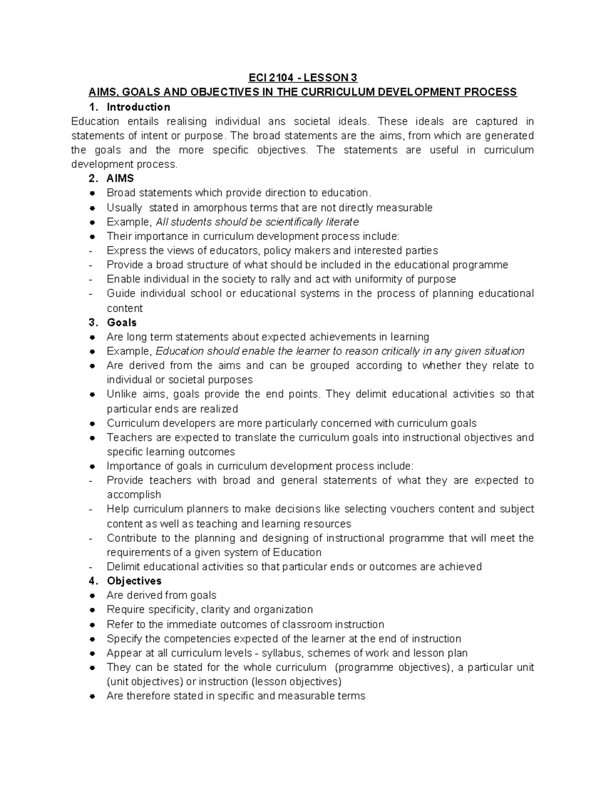 ECI 2104 - Lesson 3: Aims, Goals, and Objectives in Curriculum ...