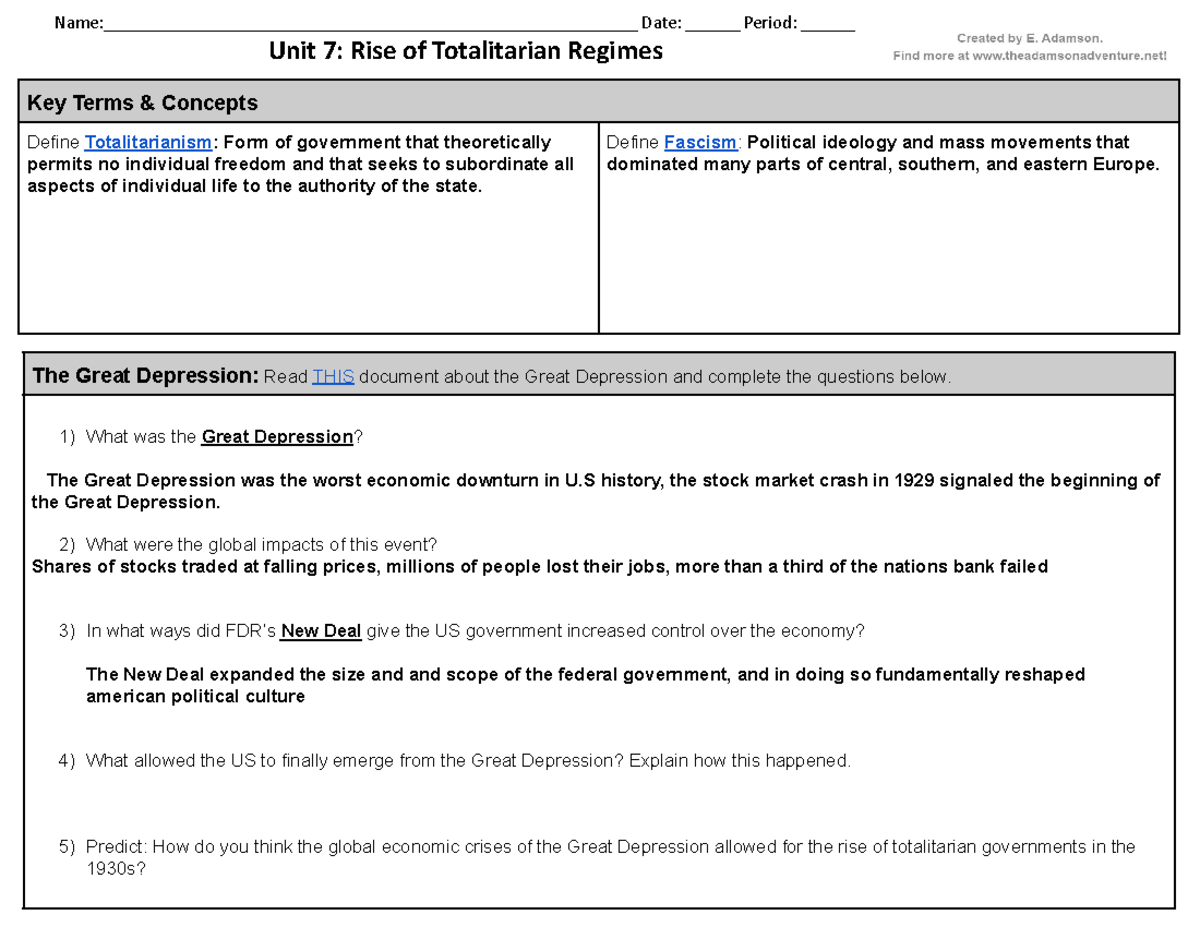 Copy of Unit 7 Rise of Totalitarian Regimes Student Handout - - Studocu