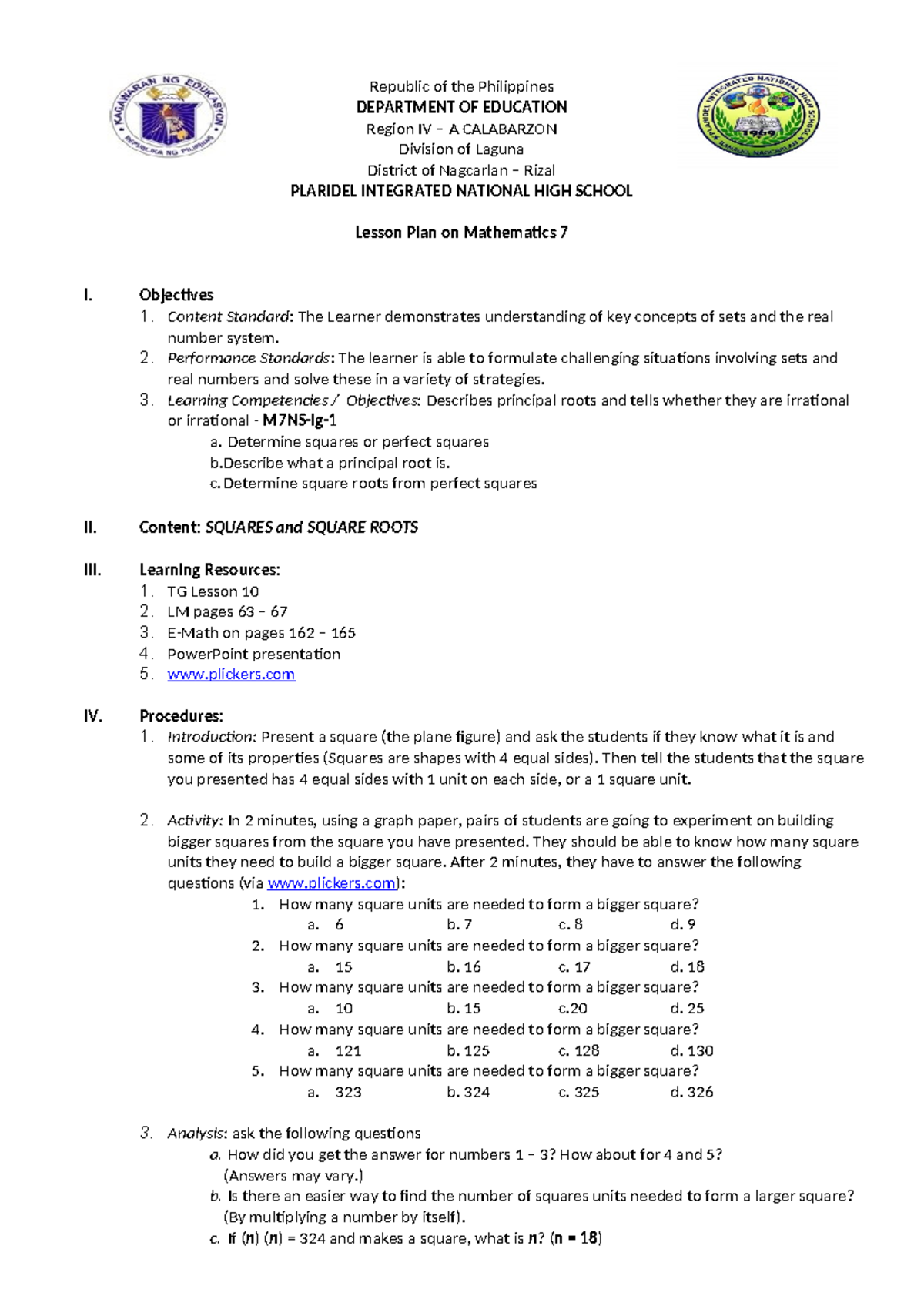 Mathematics 7 Lesson Plan: Squares & Square Roots - Studocu