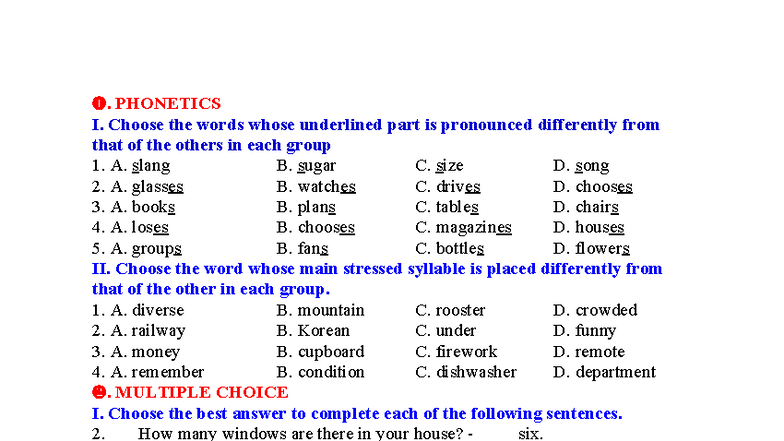 Phonetics and Multiple Choice Practice for English 6 (BT U2) - Studocu