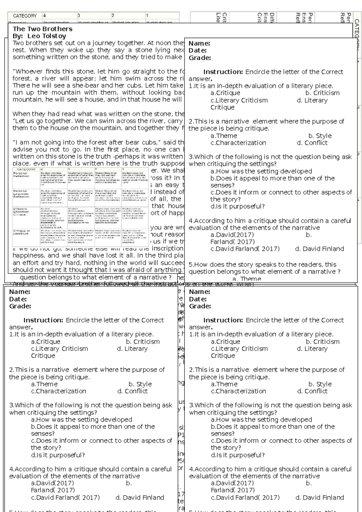 Analysis of "The Two Brothers" by Leo Tolstoy: A Final Rubric - Studocu