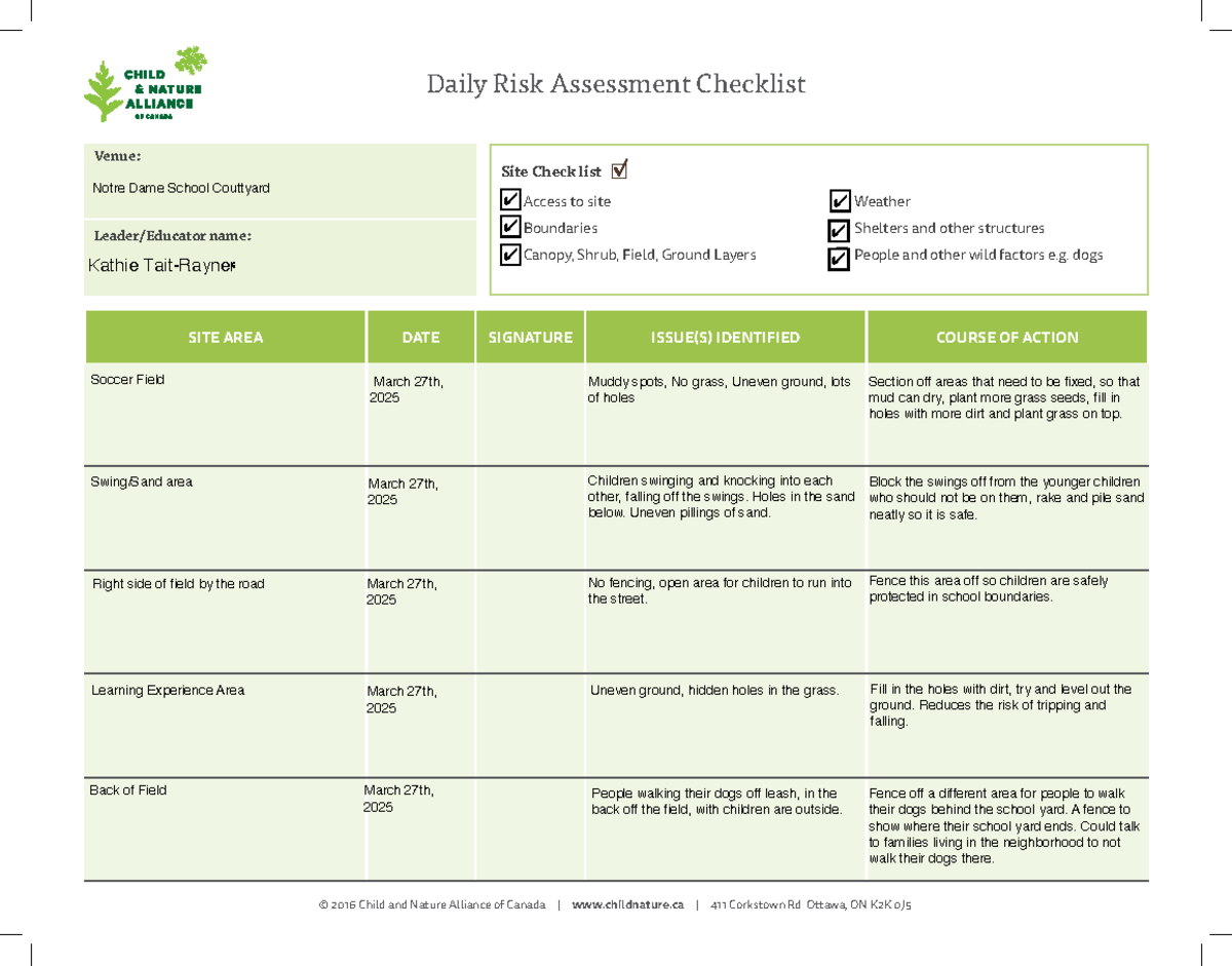 Daily Risk Assessment Checklist for Notre Dame School (March 2025 ...
