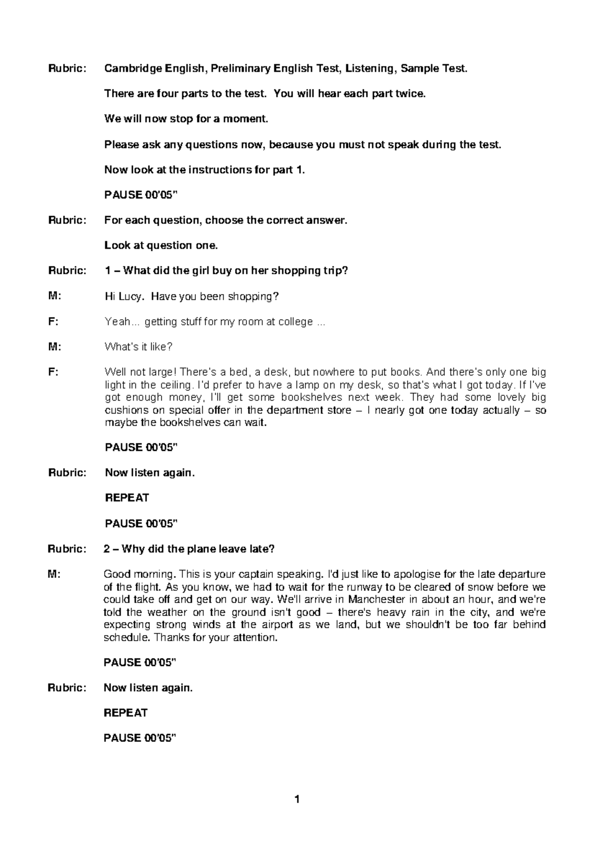 B1 Preliminary 2020 sample Lsitening - NEW - Rubric: Cambridge English ...