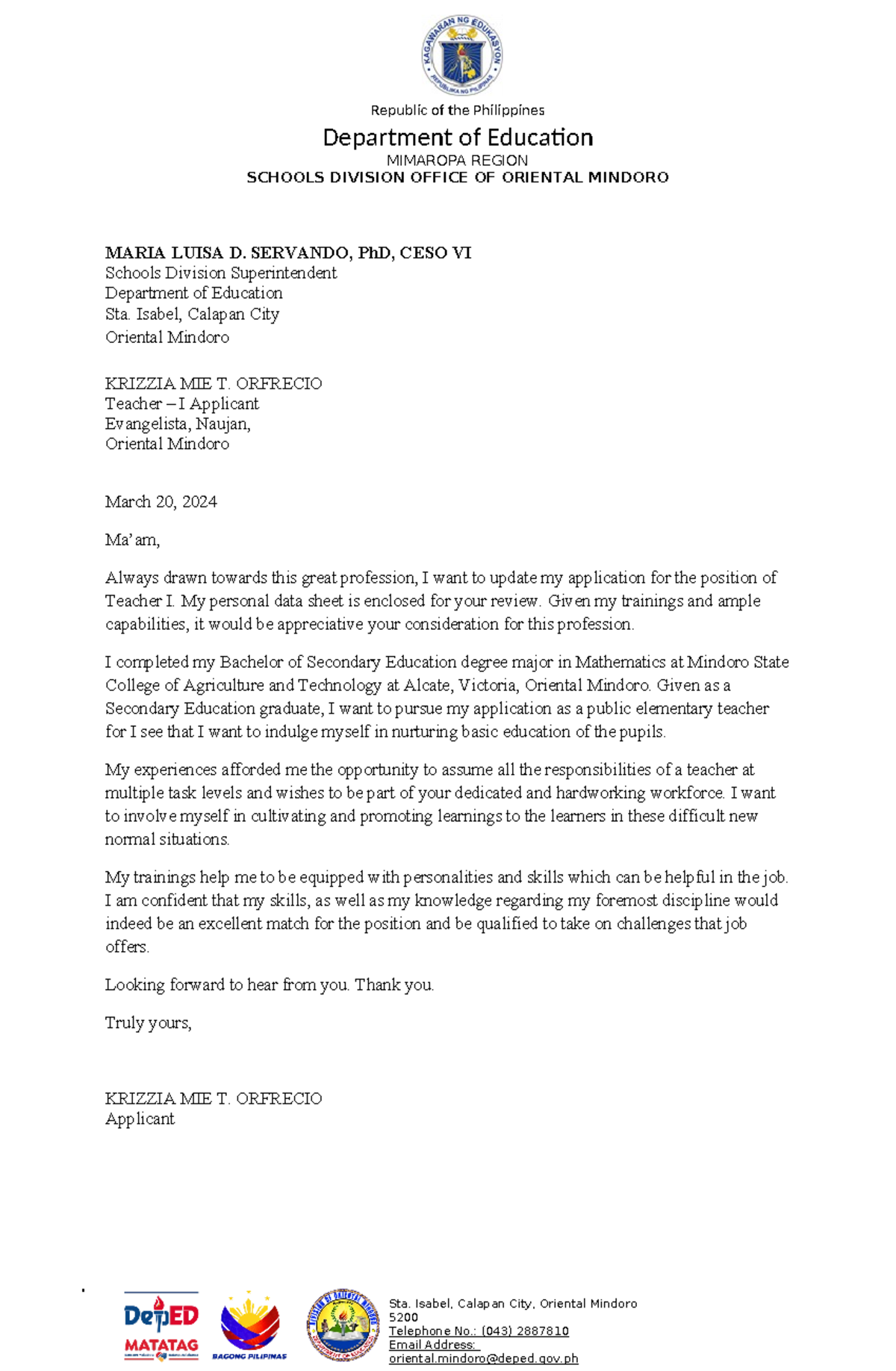 Letter of Intent for Teacher I Position - SOFT COPIES - Studocu