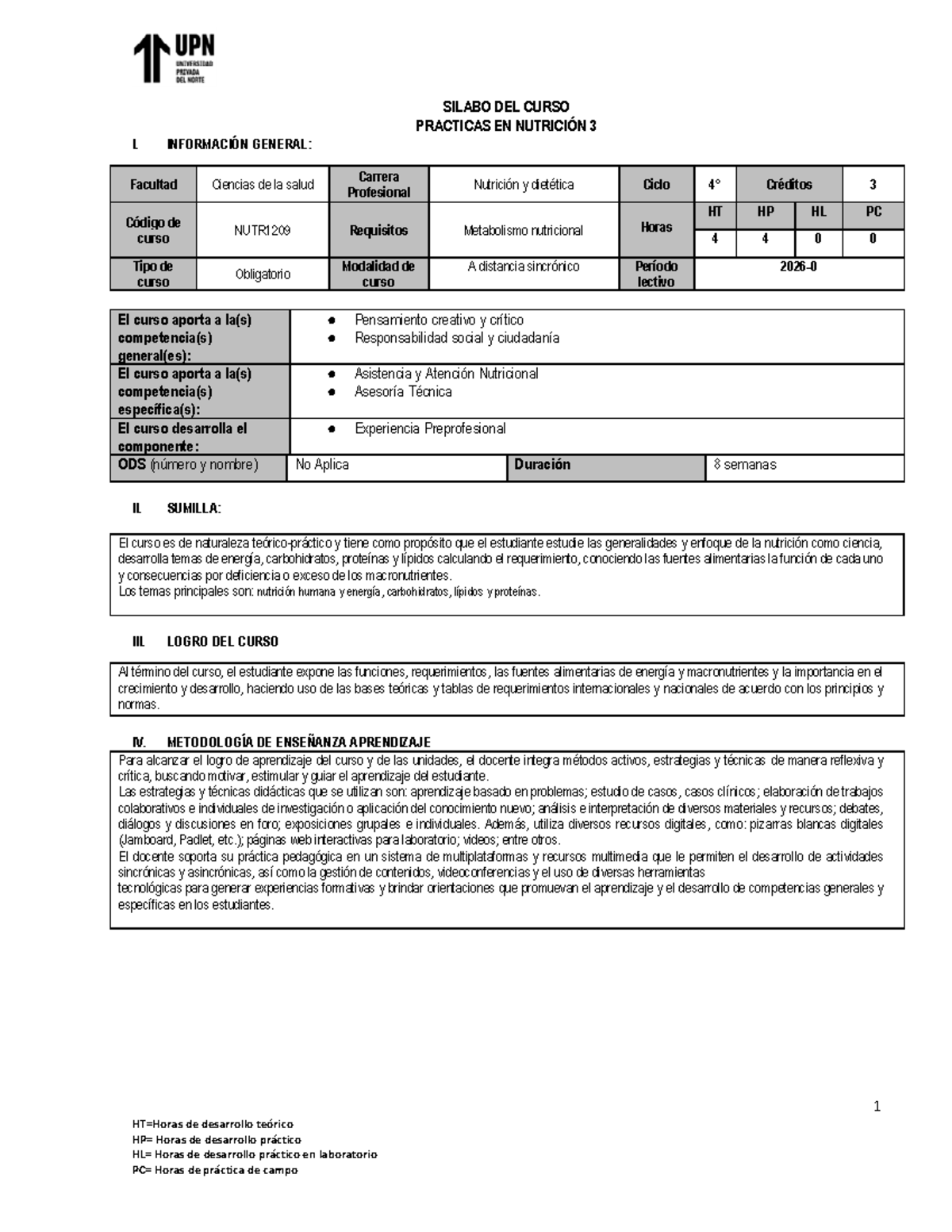 Sílabo del Curso NUTR1209: Prácticas en Nutrición 3 - Studocu
