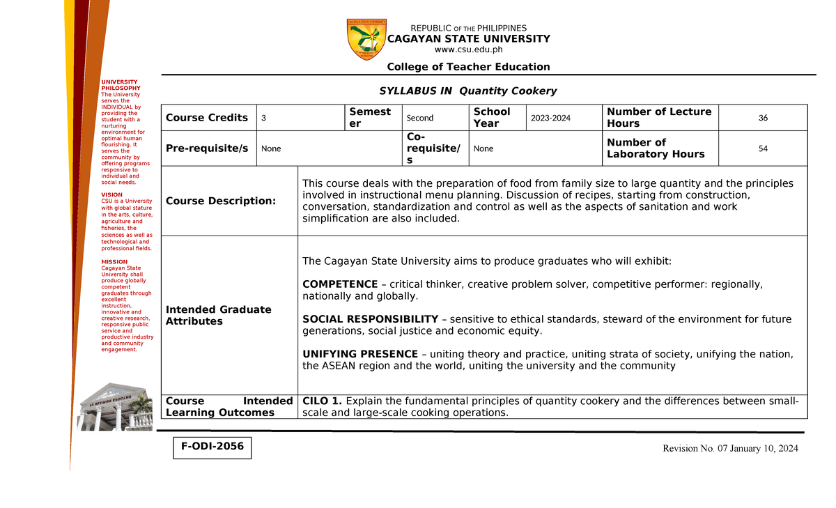 FSM 60 - Syllabus for Quantity Cookery Course (AY 2023-2024) - Studocu