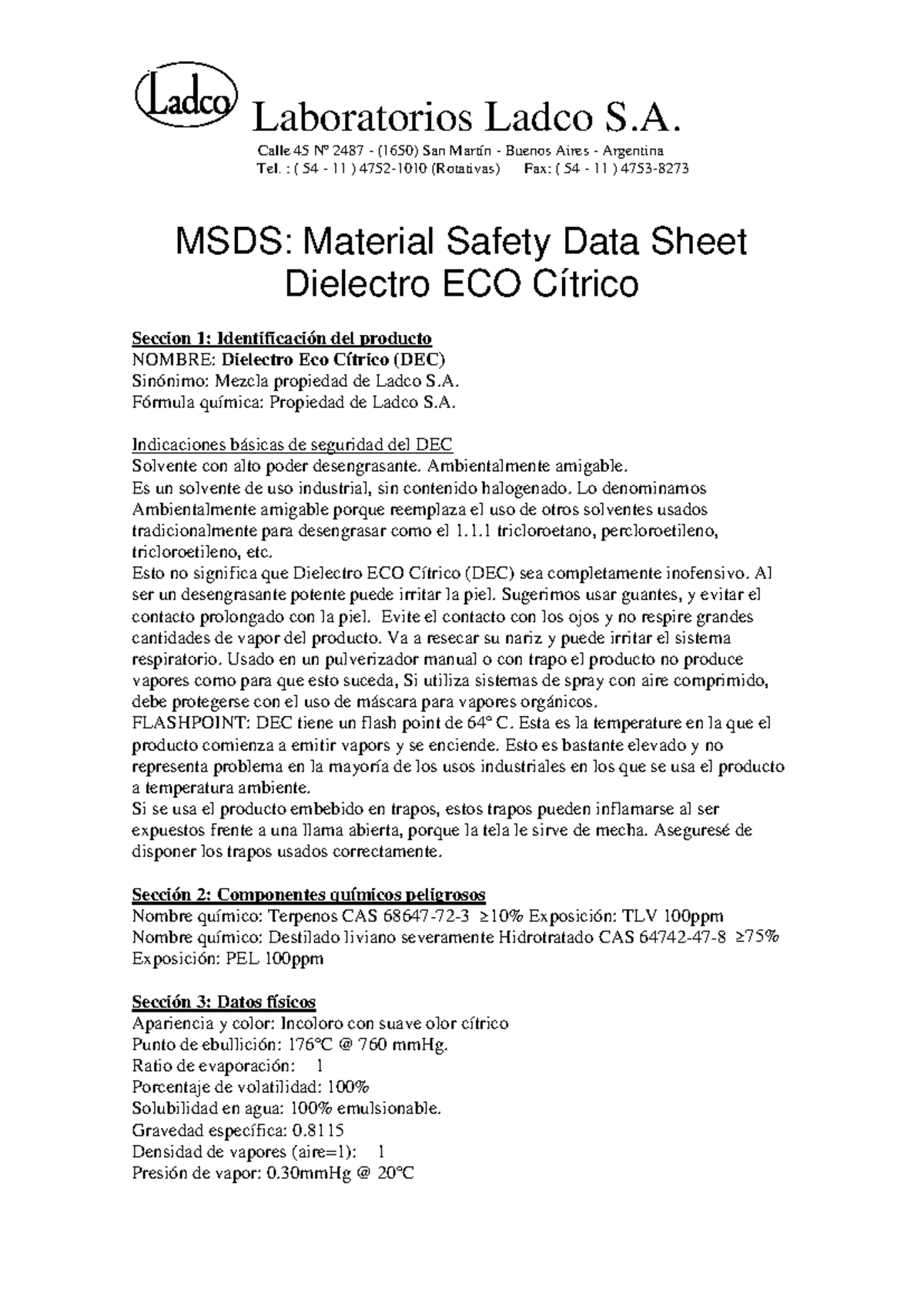 MSDS: Dielectro ECO Cítrico (DEC) - Laboratorios Ladco S.A. - Studocu