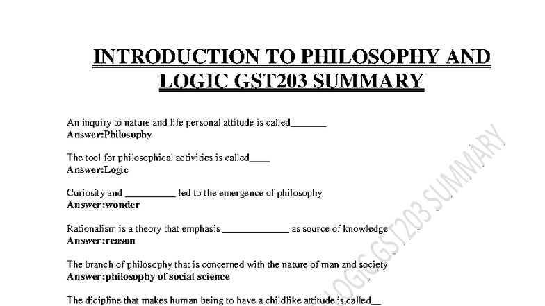 GST203 Introduction to Philosophy and Logic: Comprehensive Summary ...